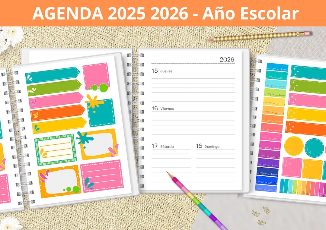 Agenda 2025 2026 Año Escolar con STICKERS Etiquetas Pegatinas - Semanal ...