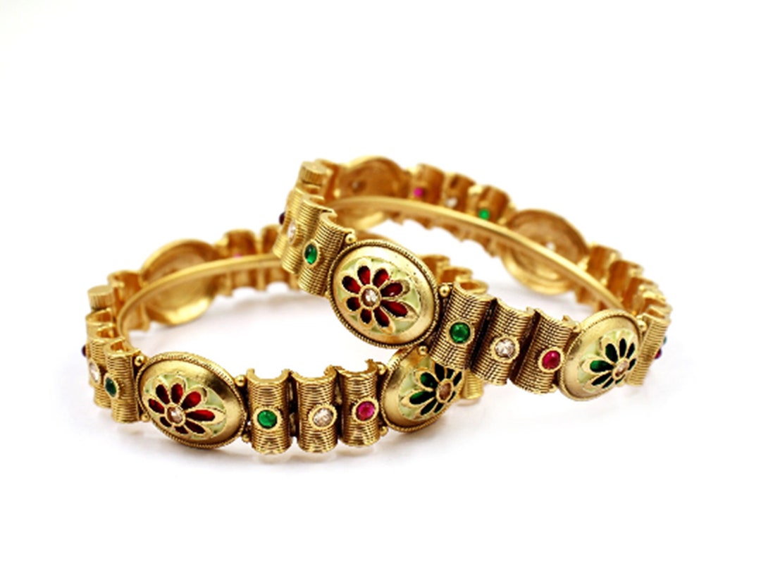 Openable Meenakari Kada Antique Bangles Hand Painted Bangles Ruby, White & Green Stone Bangles ...