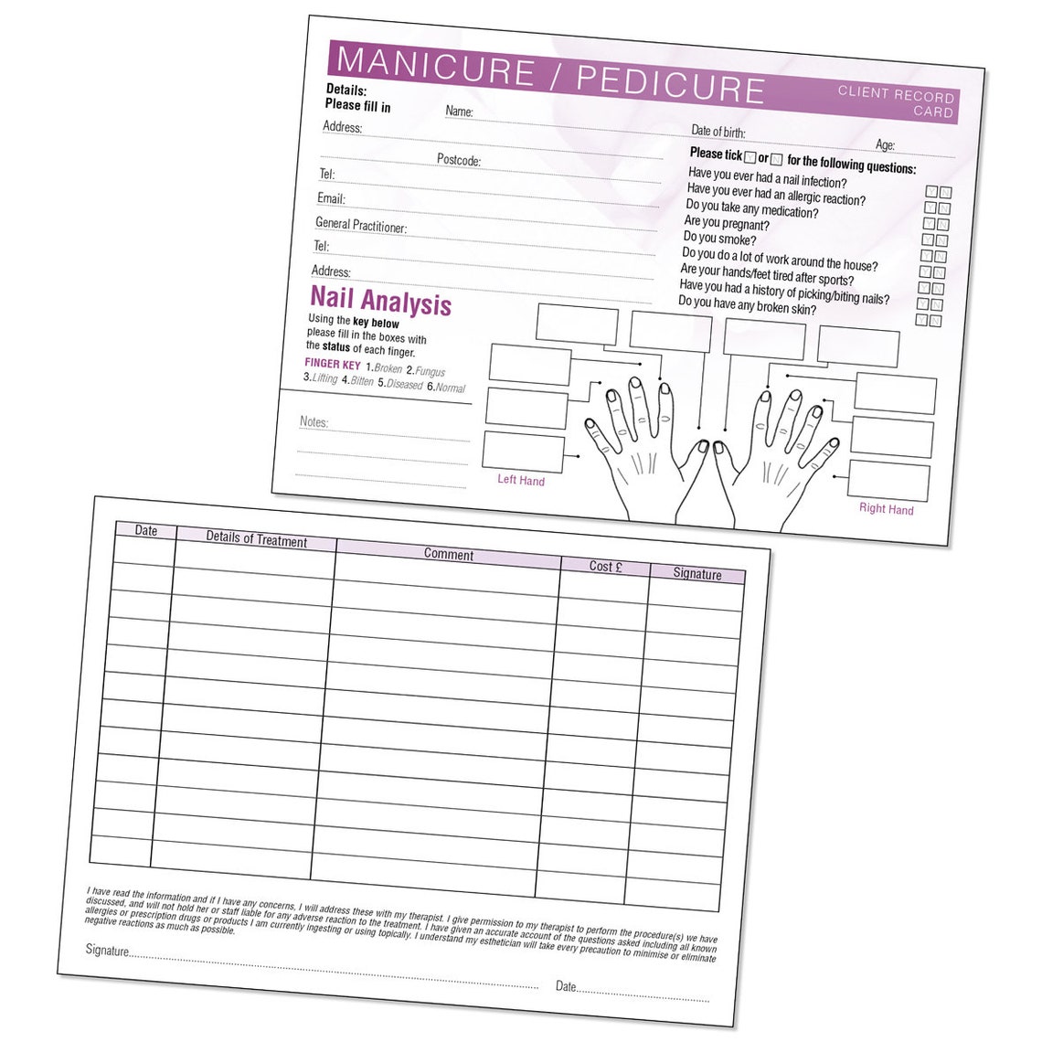 Manicure Pedicure Client Card / Client Record Card / Treatment ...