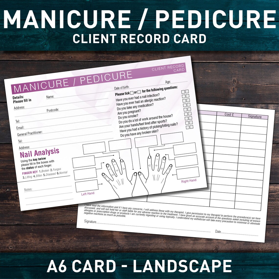 Manicure Pedicure Client Card / Client Record Card / Treatment ...