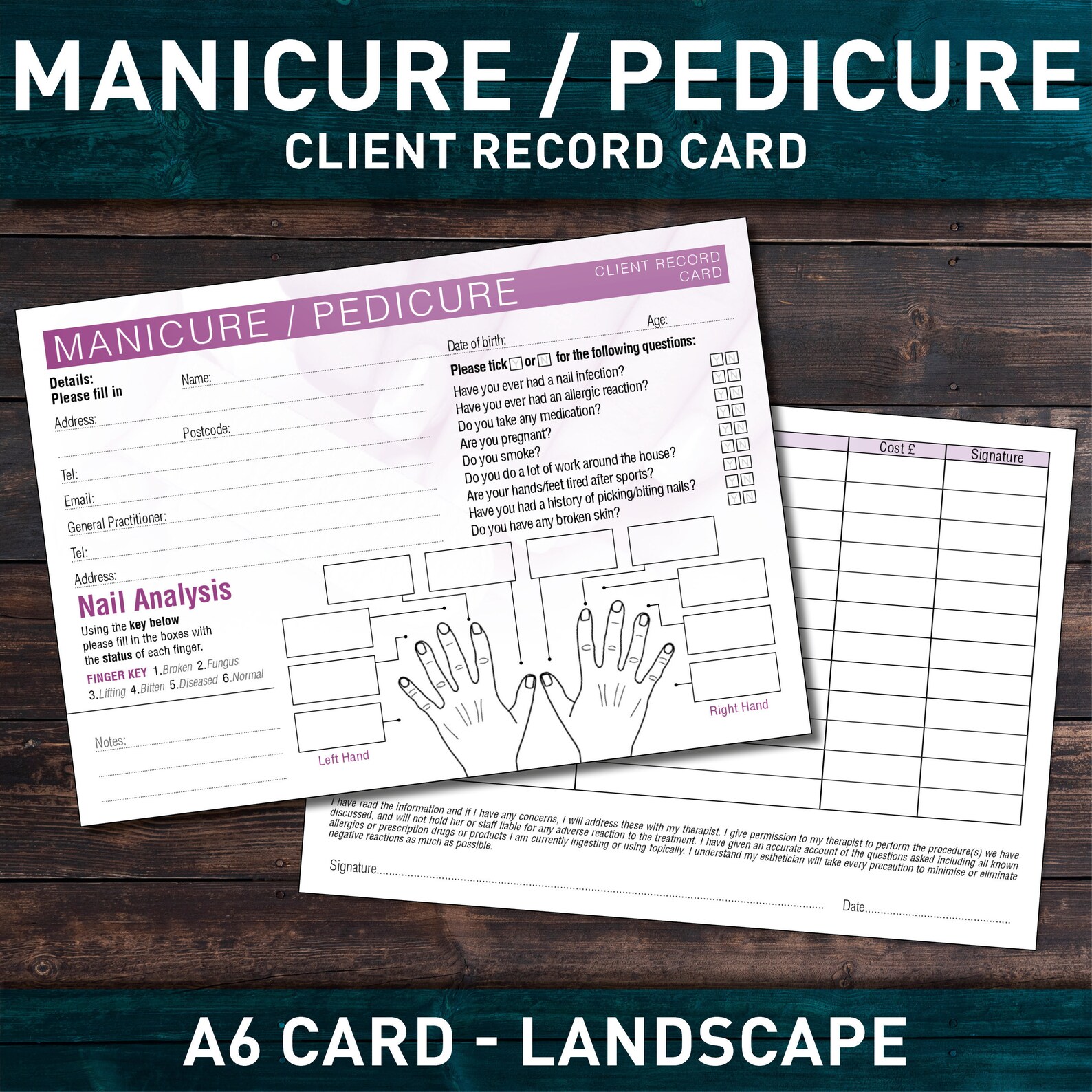 Manicure Pedicure Client Card / Client Record Card / Treatment ...
