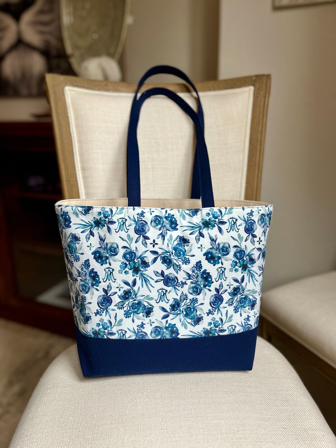 Auspice Maria Blue Watercolor Floral Chubby Tote Bag, Shoulder Bag ...