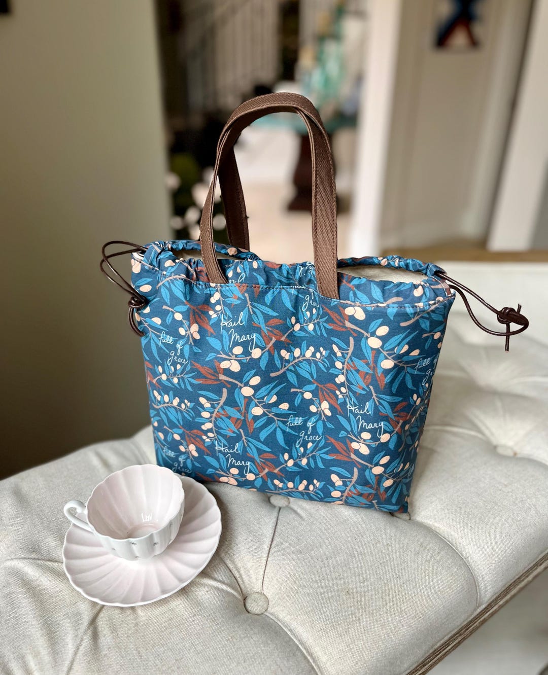 Hail Mary Drawstring Tote Bag, Catholic Purse, Bible Study Bag, Leather ...