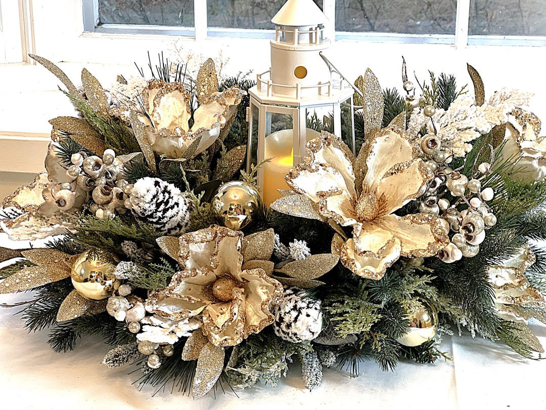 Elegant White/gold Christmas Lighthouse Centerpiece, 30"lx22"wx18" H ...
