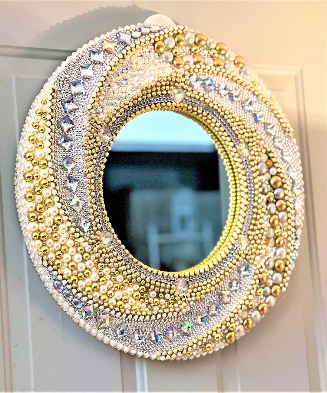 Gold Silver Art Mirror-sparkly Round Mirror-bejeweled Round Mirror wall ...