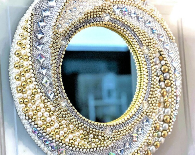 Gold Silver Art Mirror-sparkly Round Mirror-bejeweled Round Mirror ...