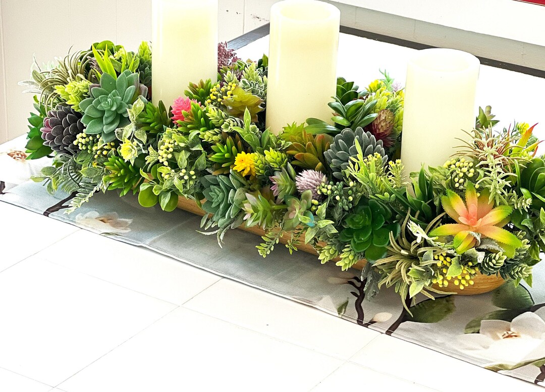Succulent Glow- Tri-candle Centerpiece- Home Decor 30" Long X 11" Wide ...