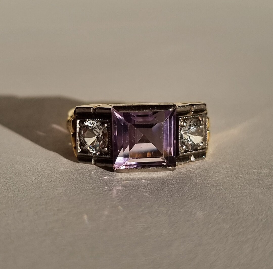 Vintage 1950's 3-stone Cocktail Ring With Amethyst and Synthetic ...