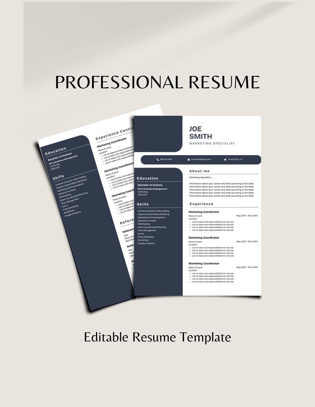 Clean Modern Resume Template 2 Page | CV Template | Instant Digital ...