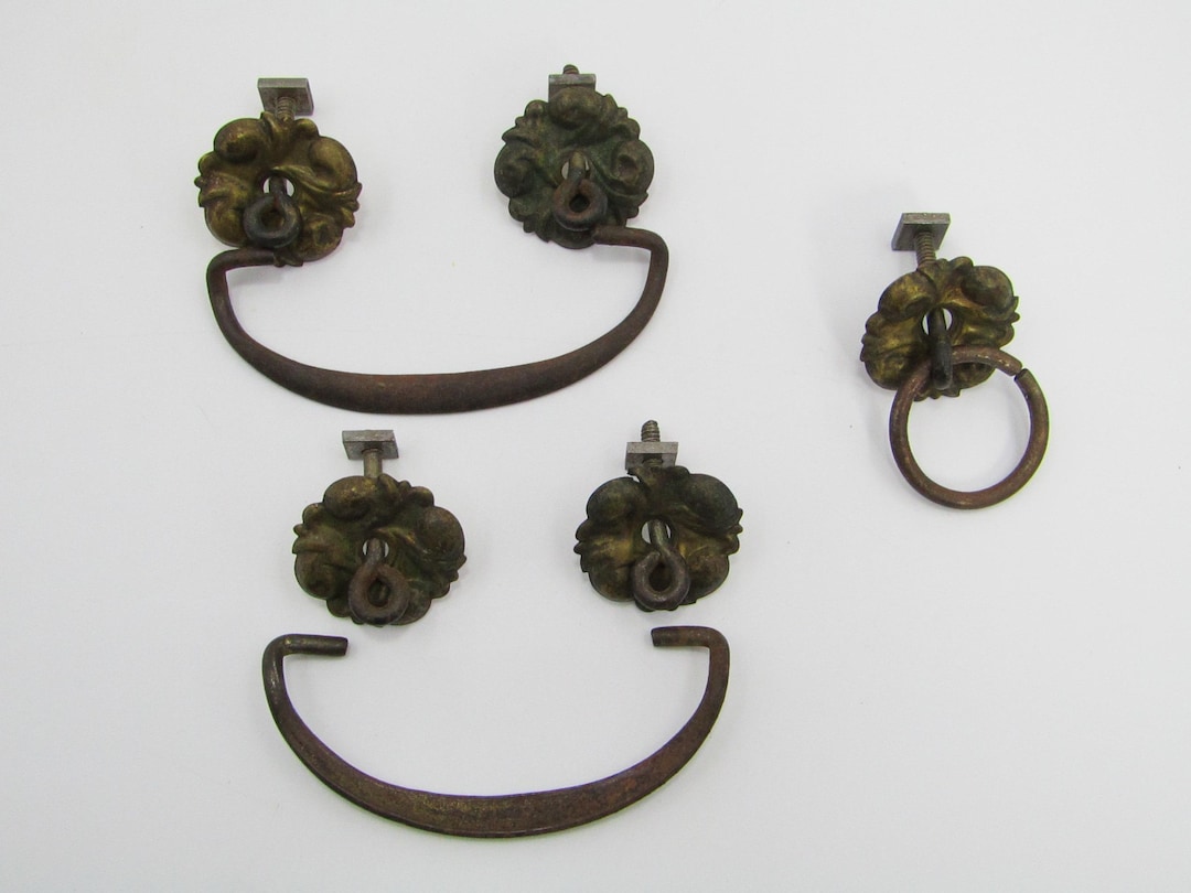 Antique Drawer & Finger Pulls Set, Ornate Stamped Tin Round Rosette Backplate, Vintage Hardware ...