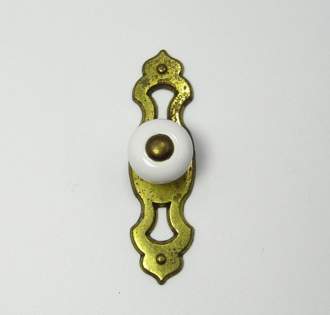 Vintage White Ceramic Knob With Ornate Brass Backplate, French Country ...
