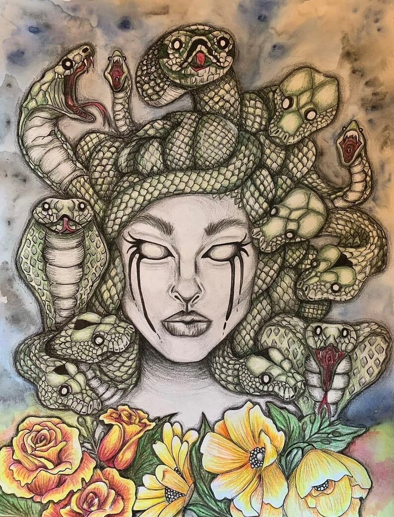 Medusa, Mythology Art, Snakes, Quality Print, Framed Print, Colored ...