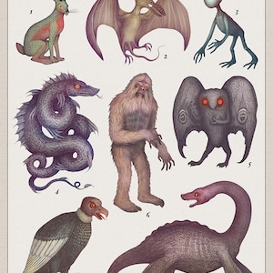 Mythical Creatures of Cryptozoology, Cryptid Art Print, Cryptids Art ...