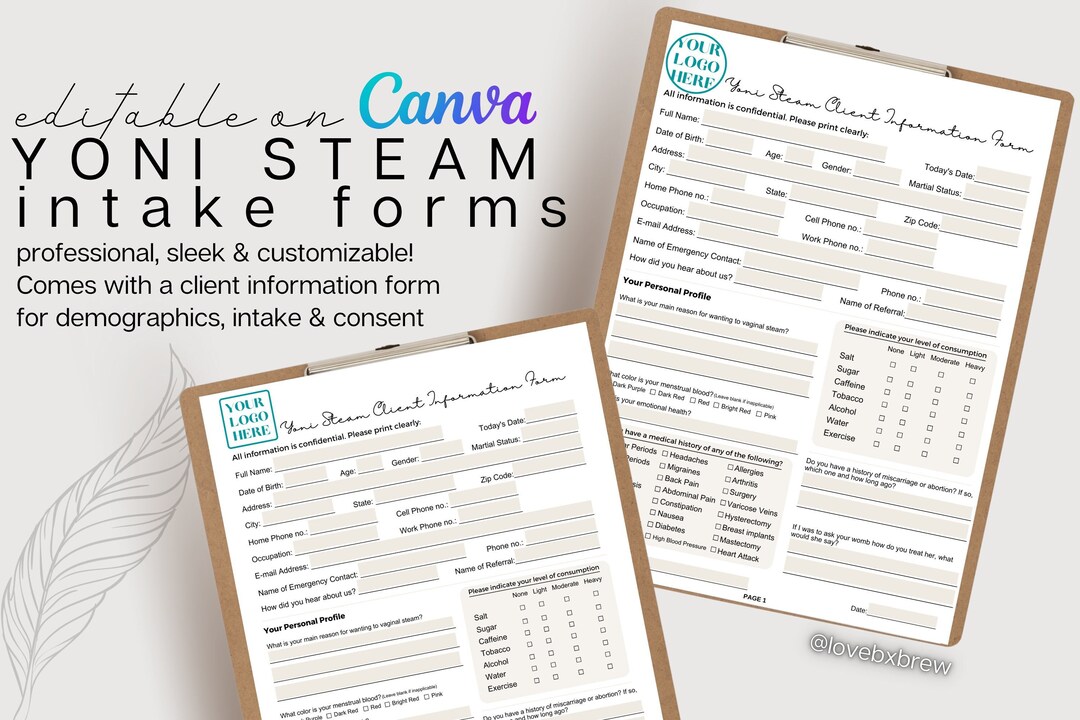Yoni Steam Intake Editable Forms - Customize Printable Downloads on ...