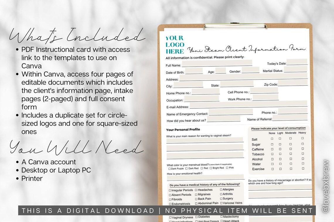 Yoni Steam Intake Editable Forms Customize Printable Downloads on Canva ...
