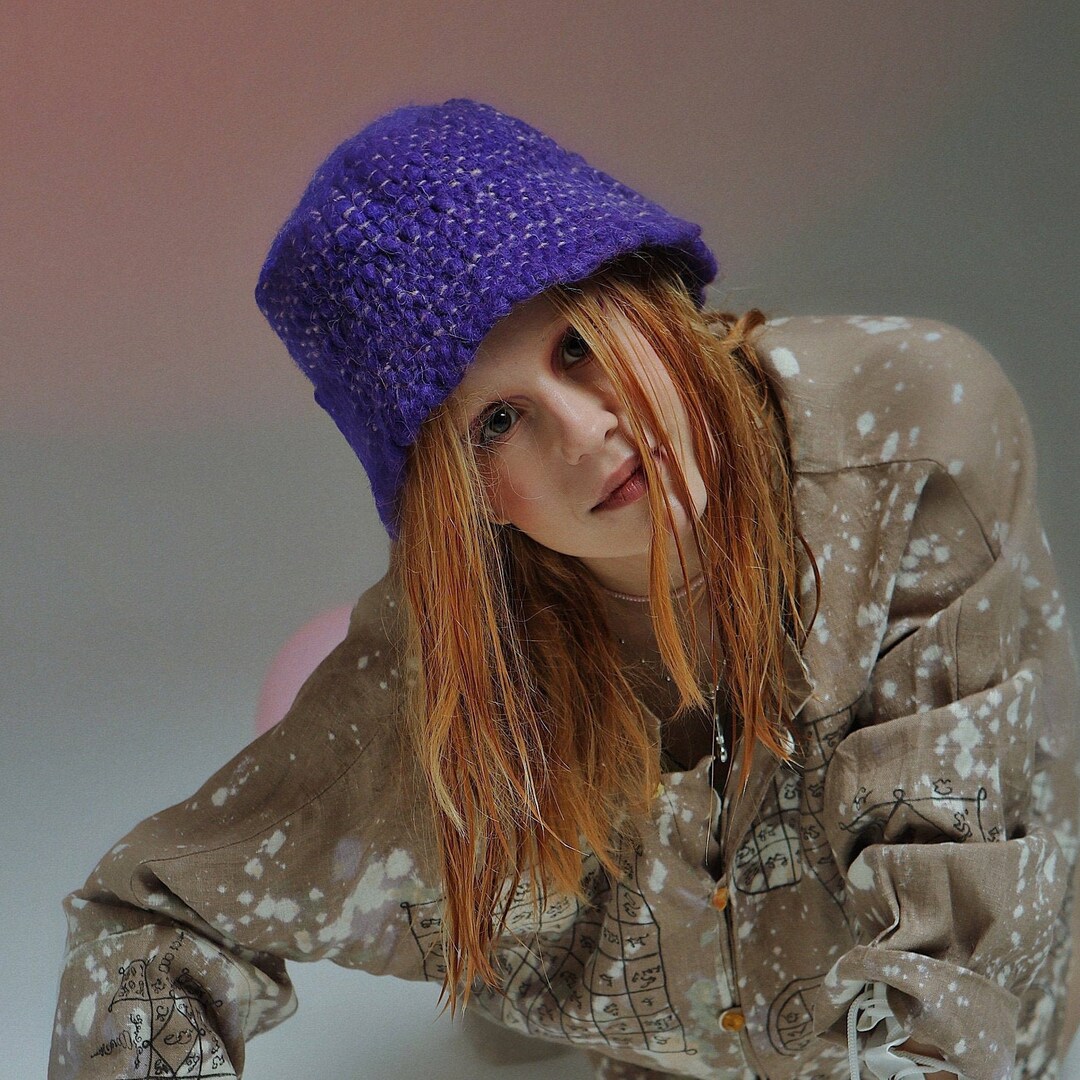 Purple Winter Hat Cloche Warm Hat Knitted Hat Handmade Wool Bucket Hat ...