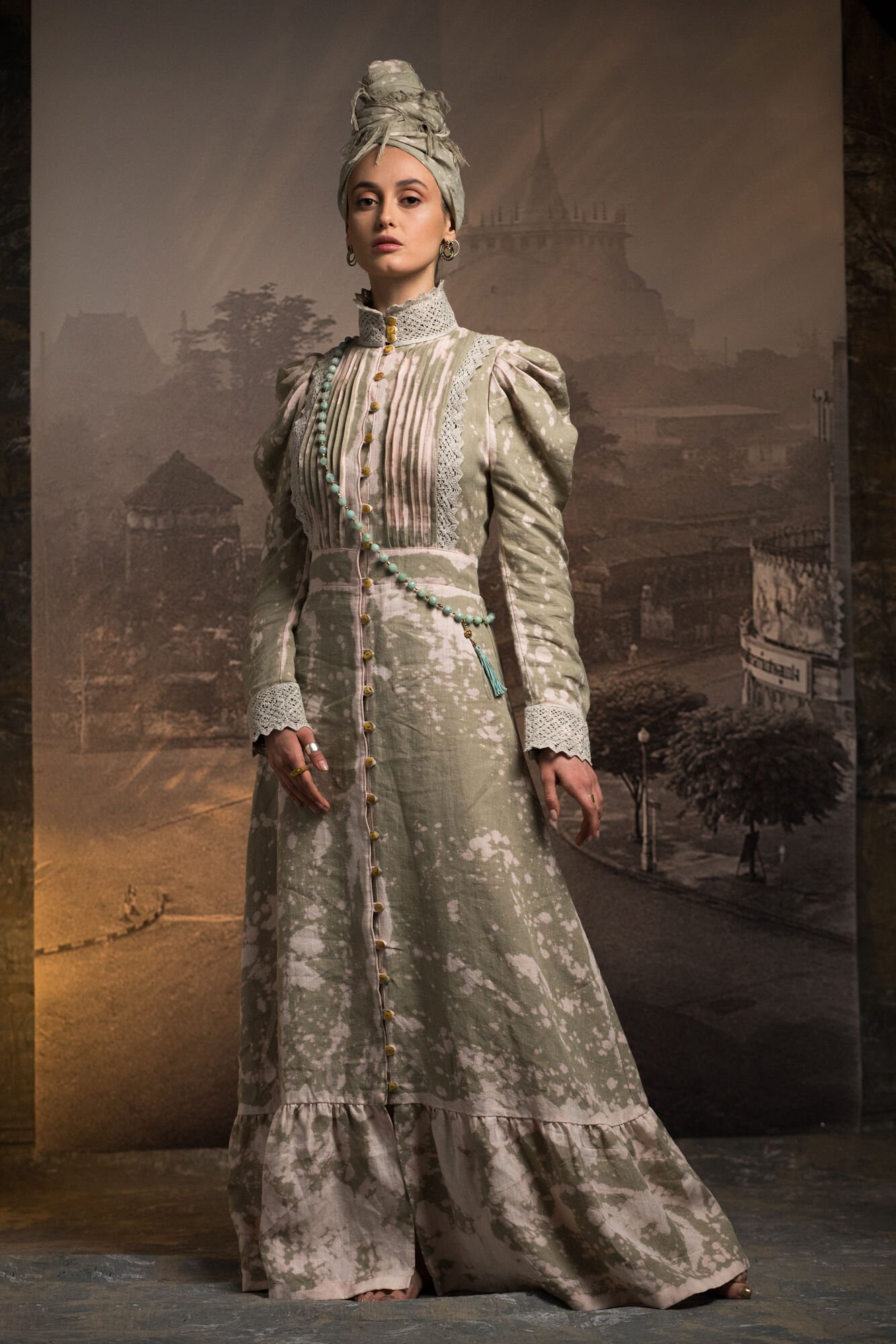 Handmade Long Linen Tea Dress With Elegant High Collar on Buttons ...