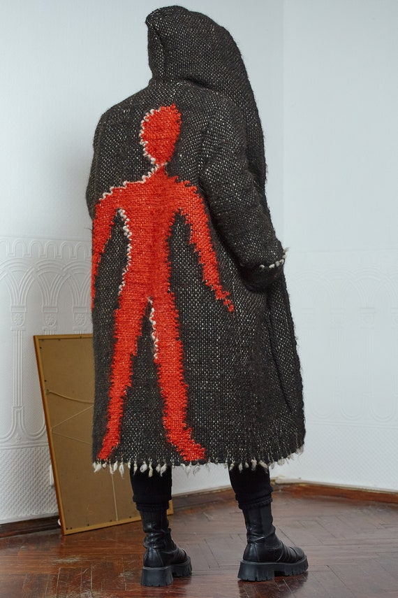 Black Oversized Wool Coat With Hood and Pattern on the Back | Etsy