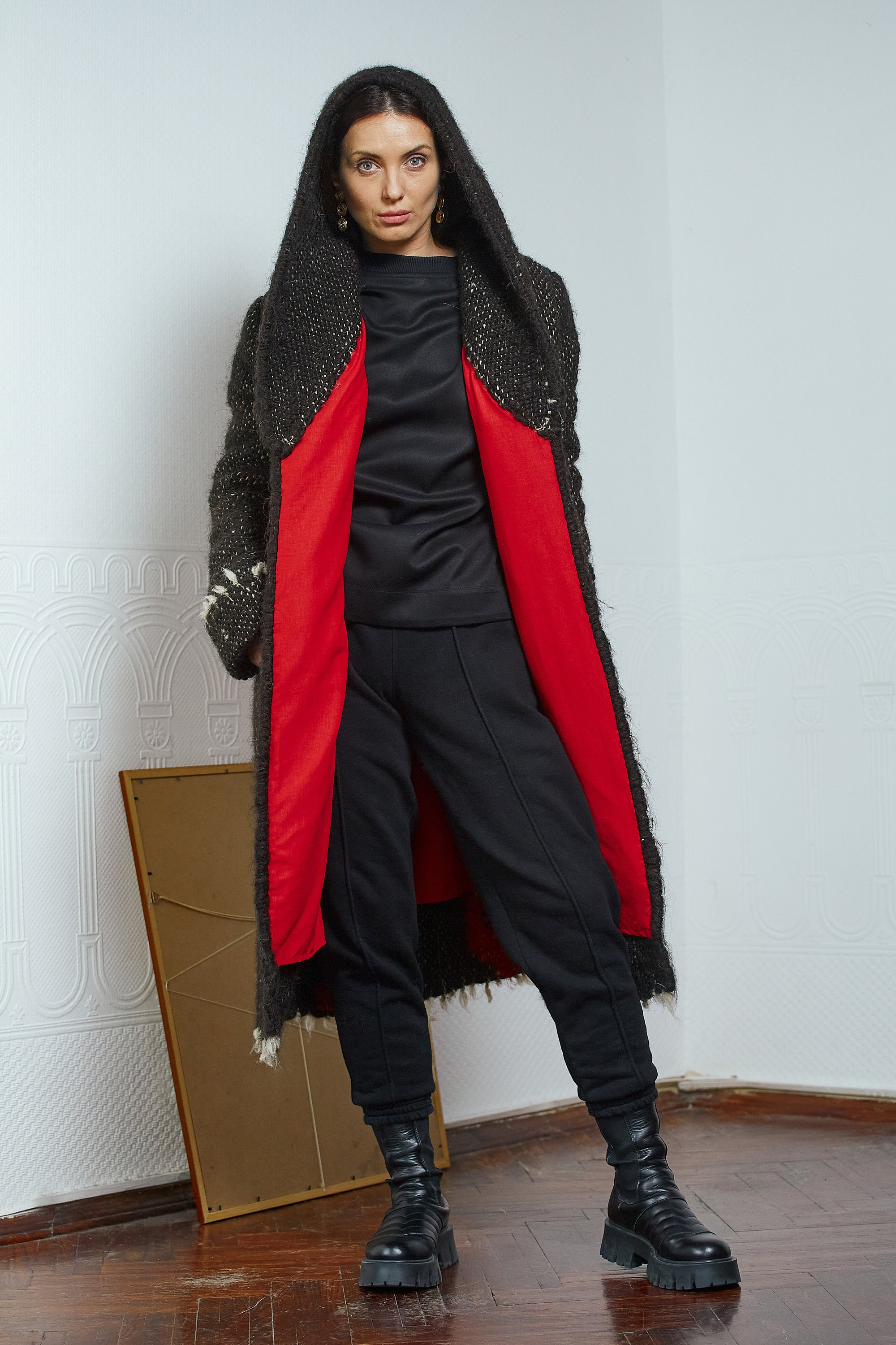 Black Oversized Wool Coat With Hood and Pattern on the Back Red Man ...