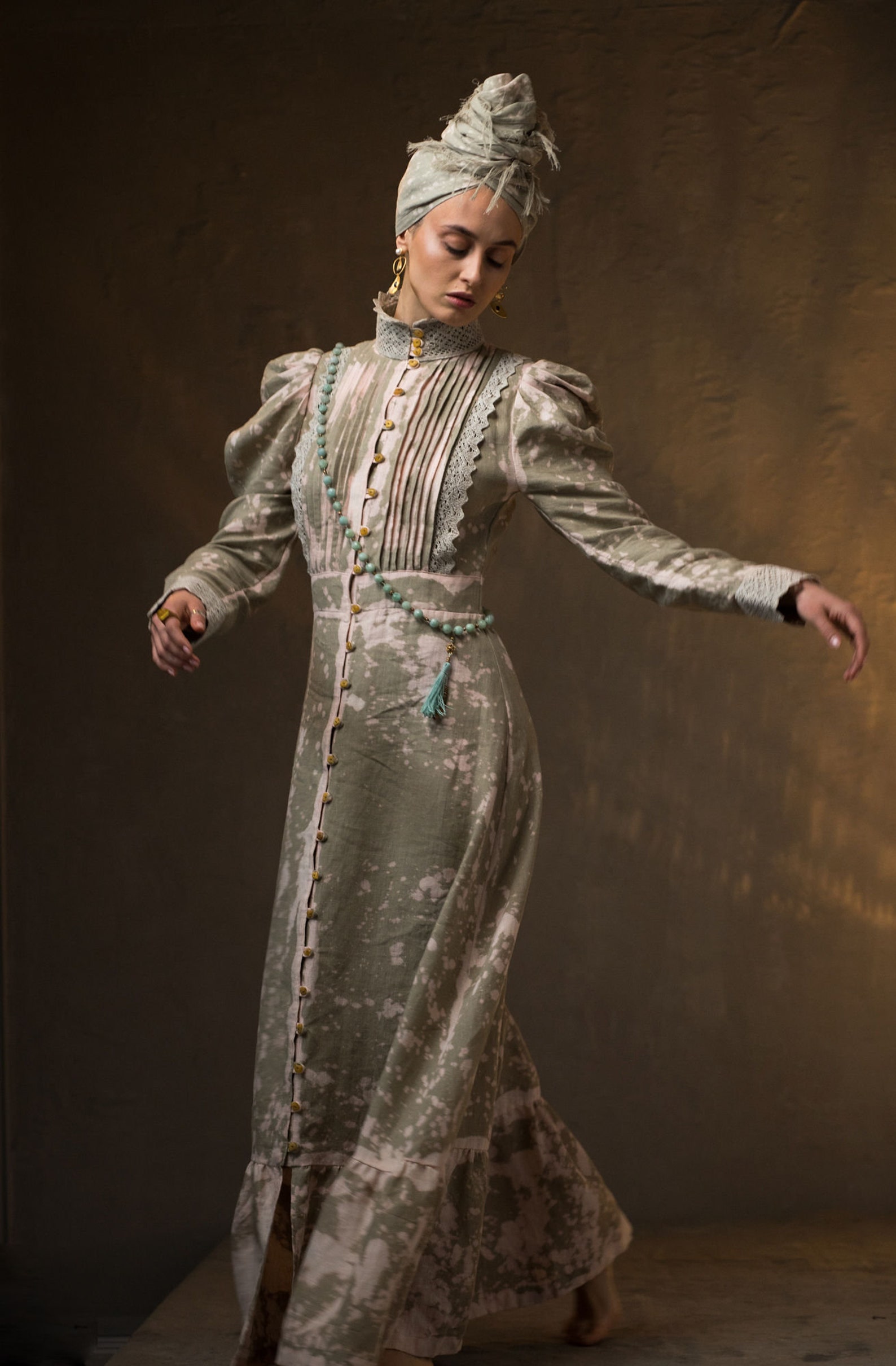 Handmade Long Linen Tea Dress With Elegant High Collar on Buttons ...