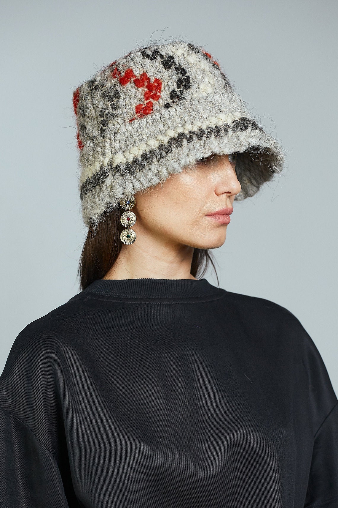 Wool Grey Hat Bucket With Herringbone Print. Handmade Winter | Etsy