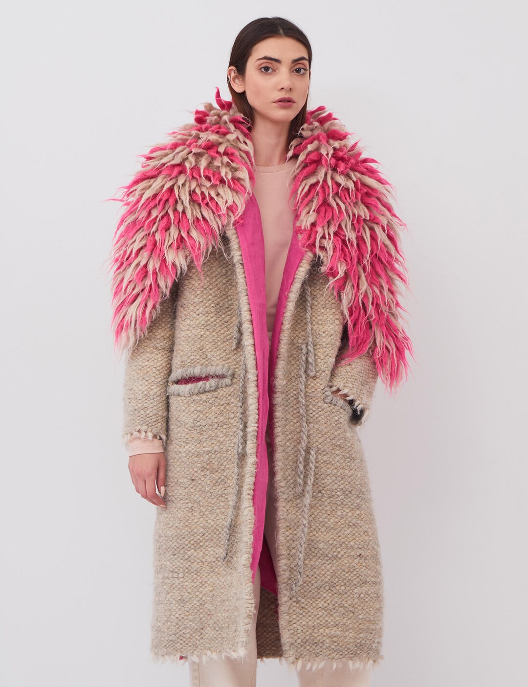 Handmade Gray Wool Coat With Geometric Pattern, Voluminous Collar, and ...