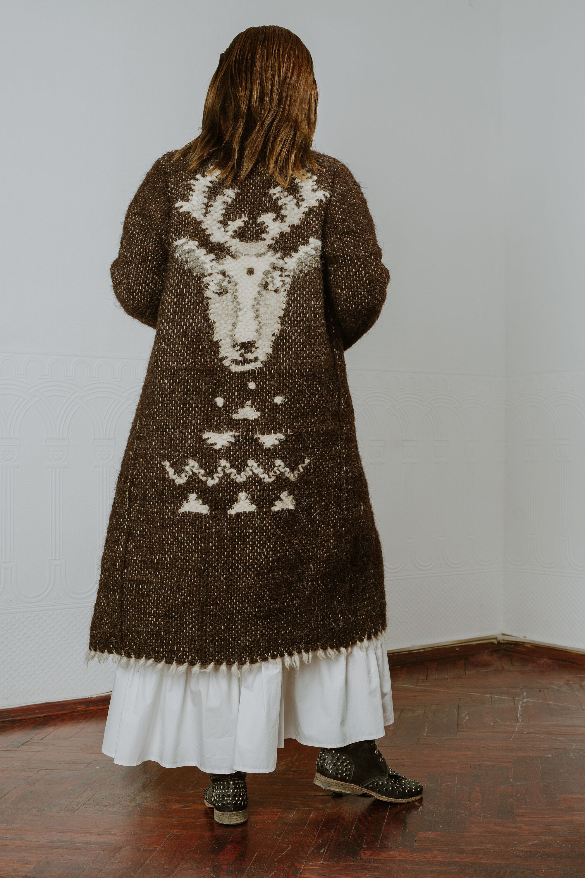 Brown Handmade Long Wool Coat With White Deer Print. Shipping - Etsy UK