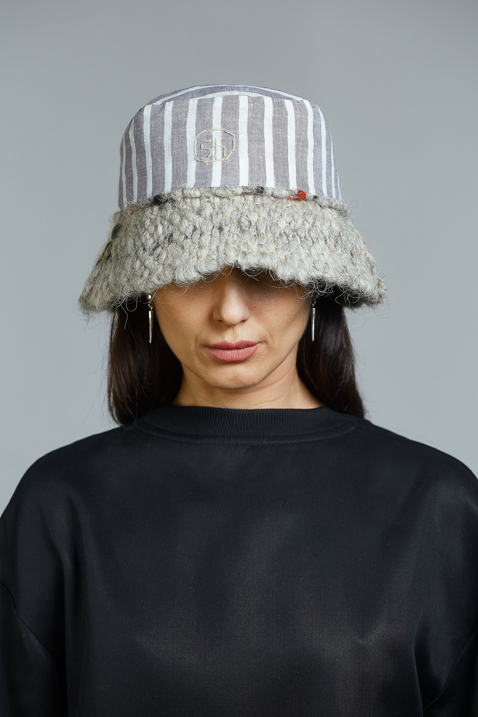 Wool Grey Hat Bucket With Herringbone Print. Handmade Winter Hat. Warm ...