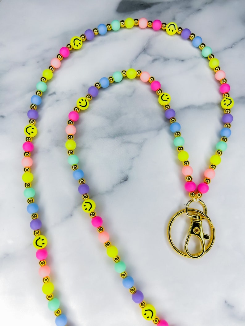 Pastel Rainbow Smiley Beaded Lanyard Teacher Lanyard - Etsy