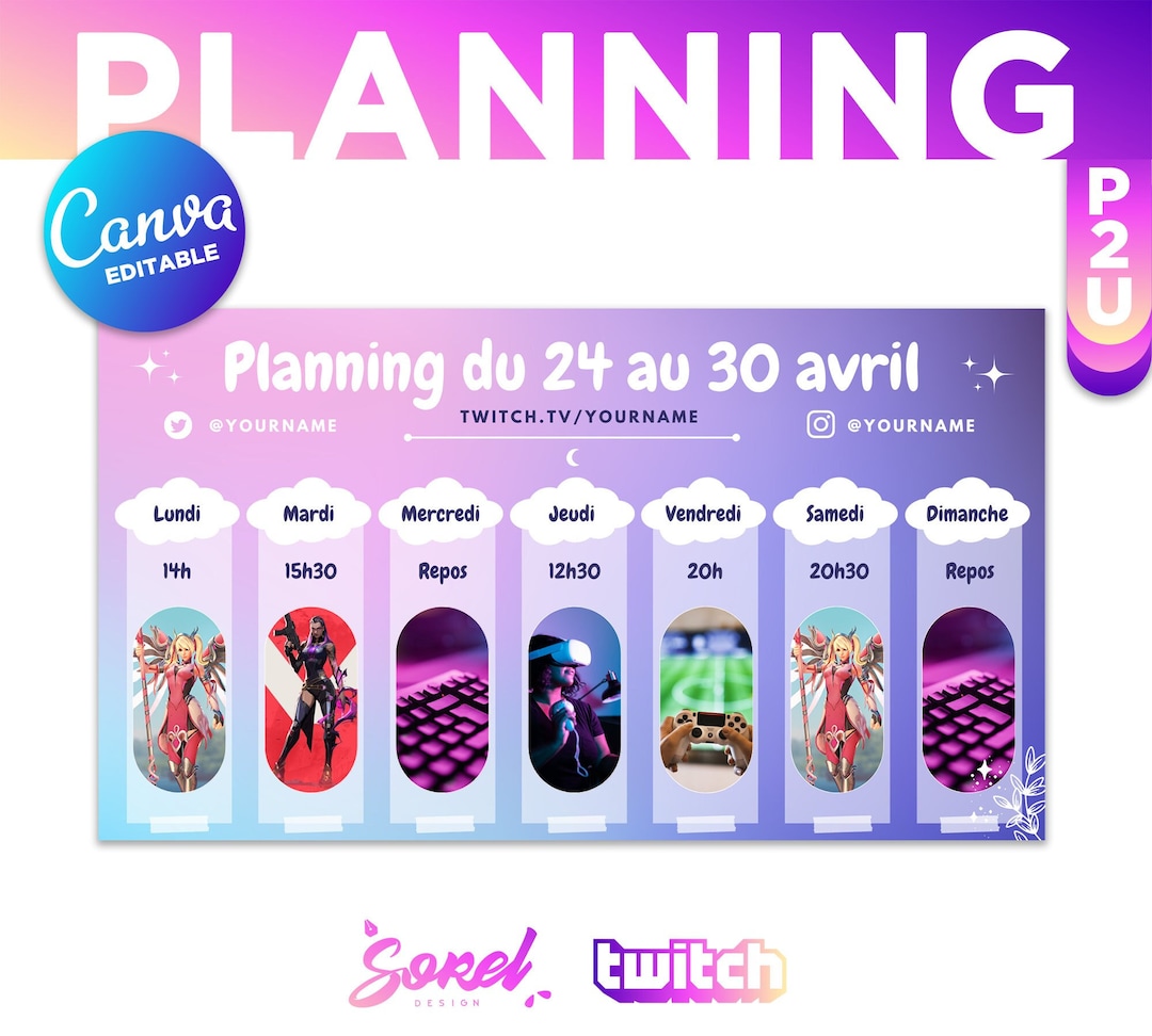 Template Canva Planning Twitch Editable / Etoile Lune / textes ...