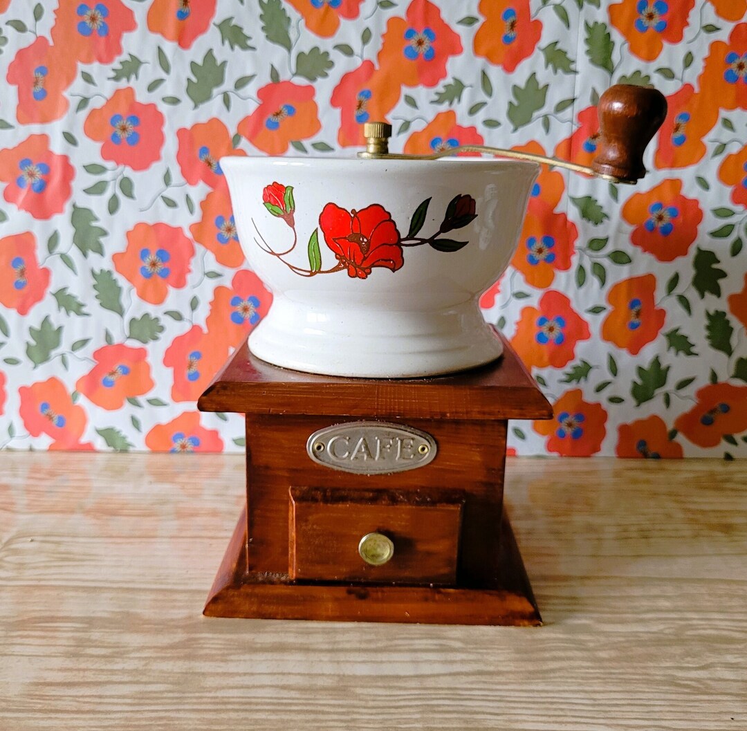 Vintage Porcelain & Wooden Coffee Grinder Poppy Floral Design 1970s ...