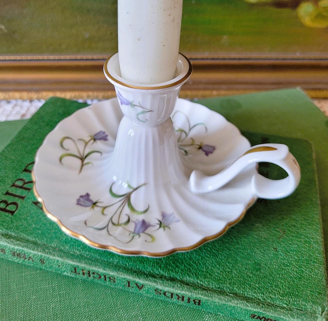1980's Vintage Spode Campanula Flower Design Chamberstick Candle Stick Holder White & Blue ...