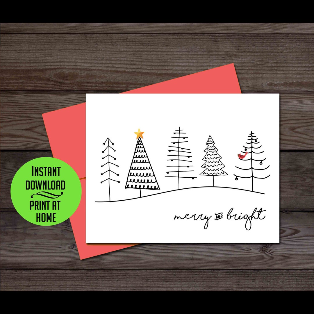 Minimalist Christmas Trees Card, Tree Holiday Card, Merry and Bright ...