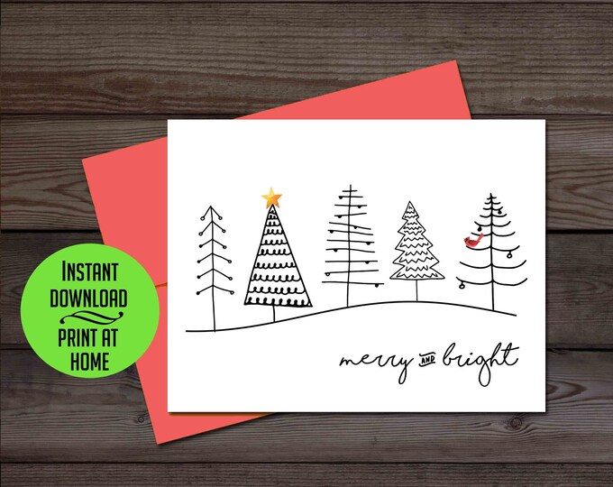 Minimalist Christmas Trees Card, Tree Holiday Card, Merry and Bright ...