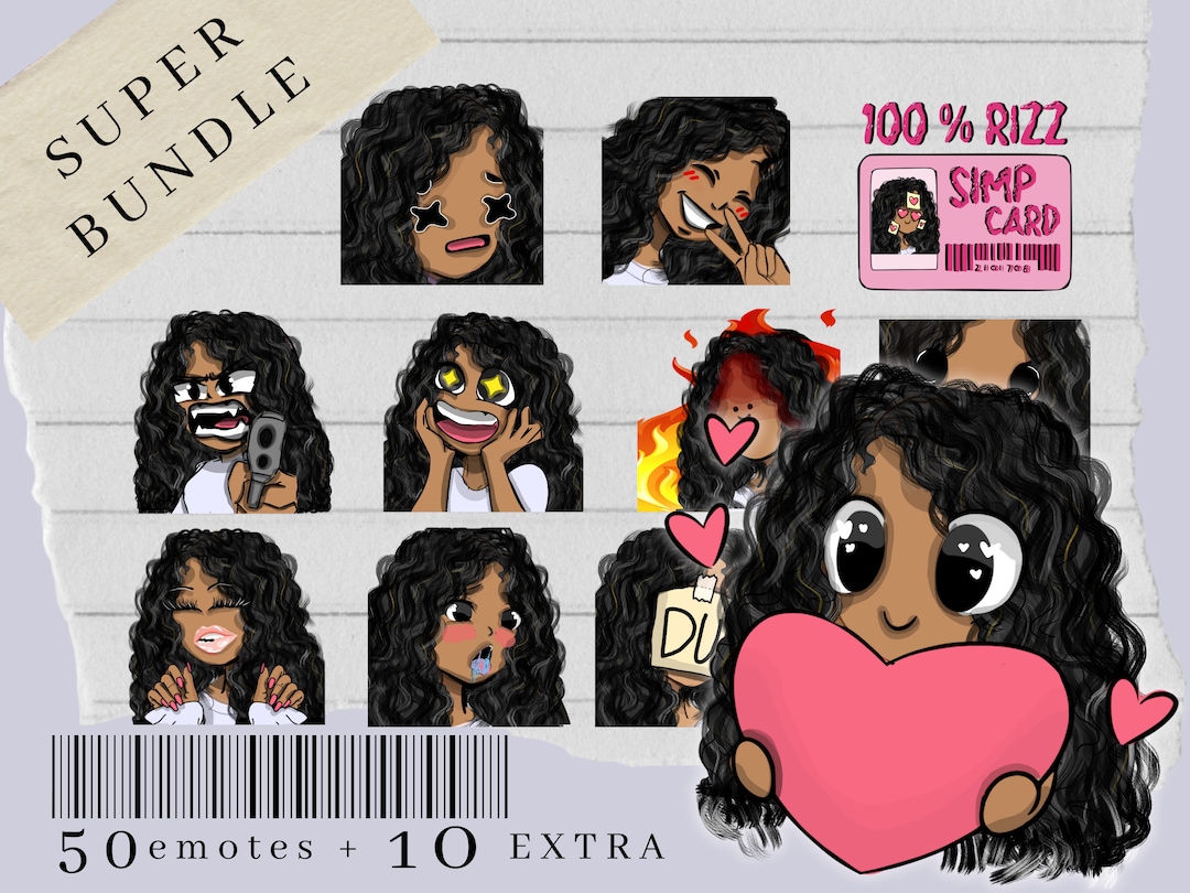 SUPER 60 Emote Bundle Cute Chibi Black Long Curly Hair Girl Emote ...