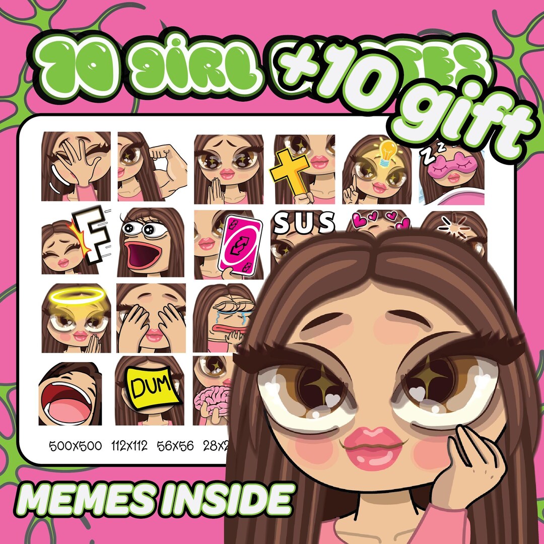 Twitch and Discord Emotes - 70 + 10 Cute Girl Emotes | Brown Hair ...