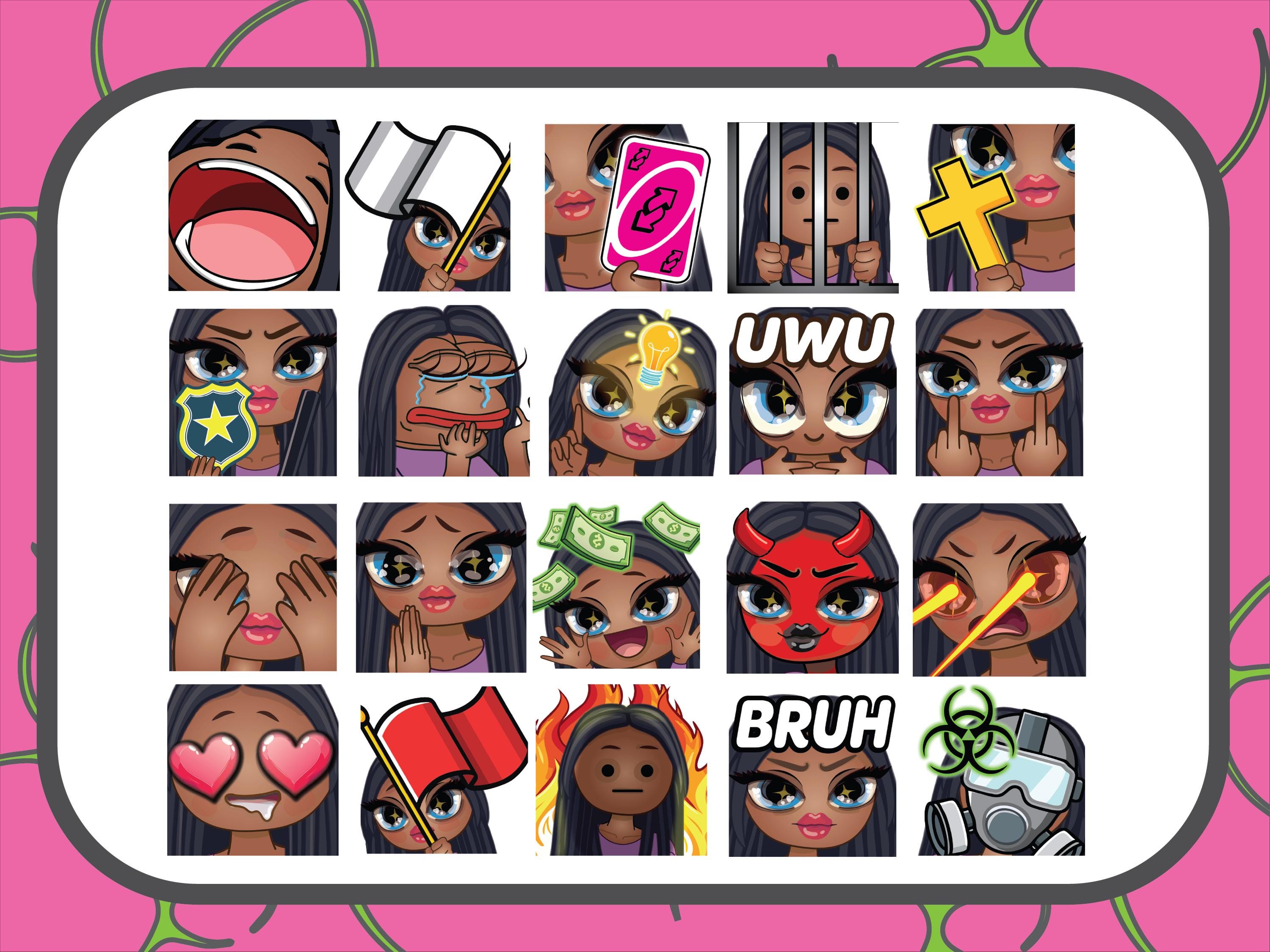 Black Hair, Blue Eyes, Brown Skin Girl Emotes for Twitch & Discord | 70 ...