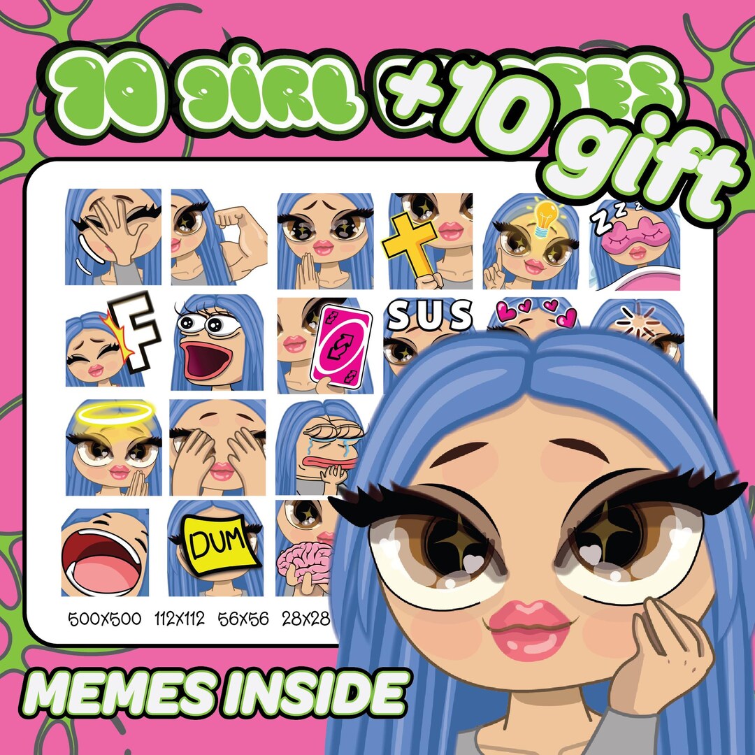 Blue Hair, Brown Eyes Cute Girl Emotes for Twitch and Discord | 70 + 10 ...