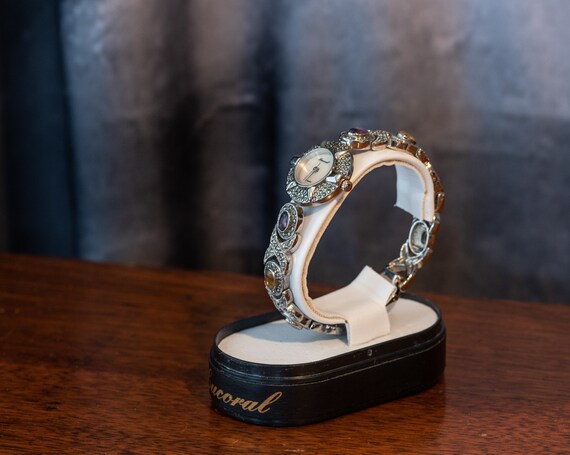 Vintage Lucoral Marcasite Wrist Watch Ladies Gemstone… - Gem