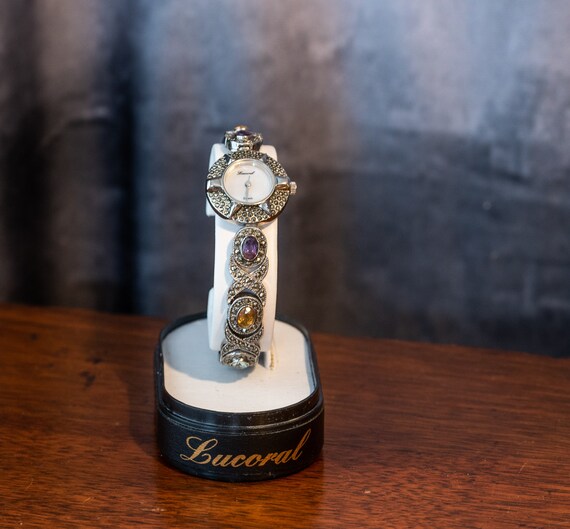 Vintage Lucoral Marcasite Wrist Watch Ladies Gemstone… - Gem