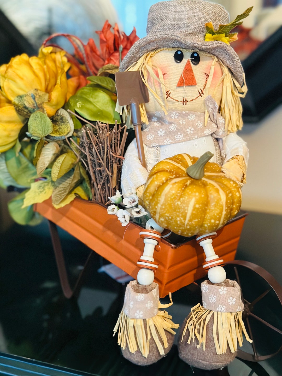 Wheelbarrow Fall Centerpiece: Scarecrow, Faux Flowers, Farmhouse Decor ...