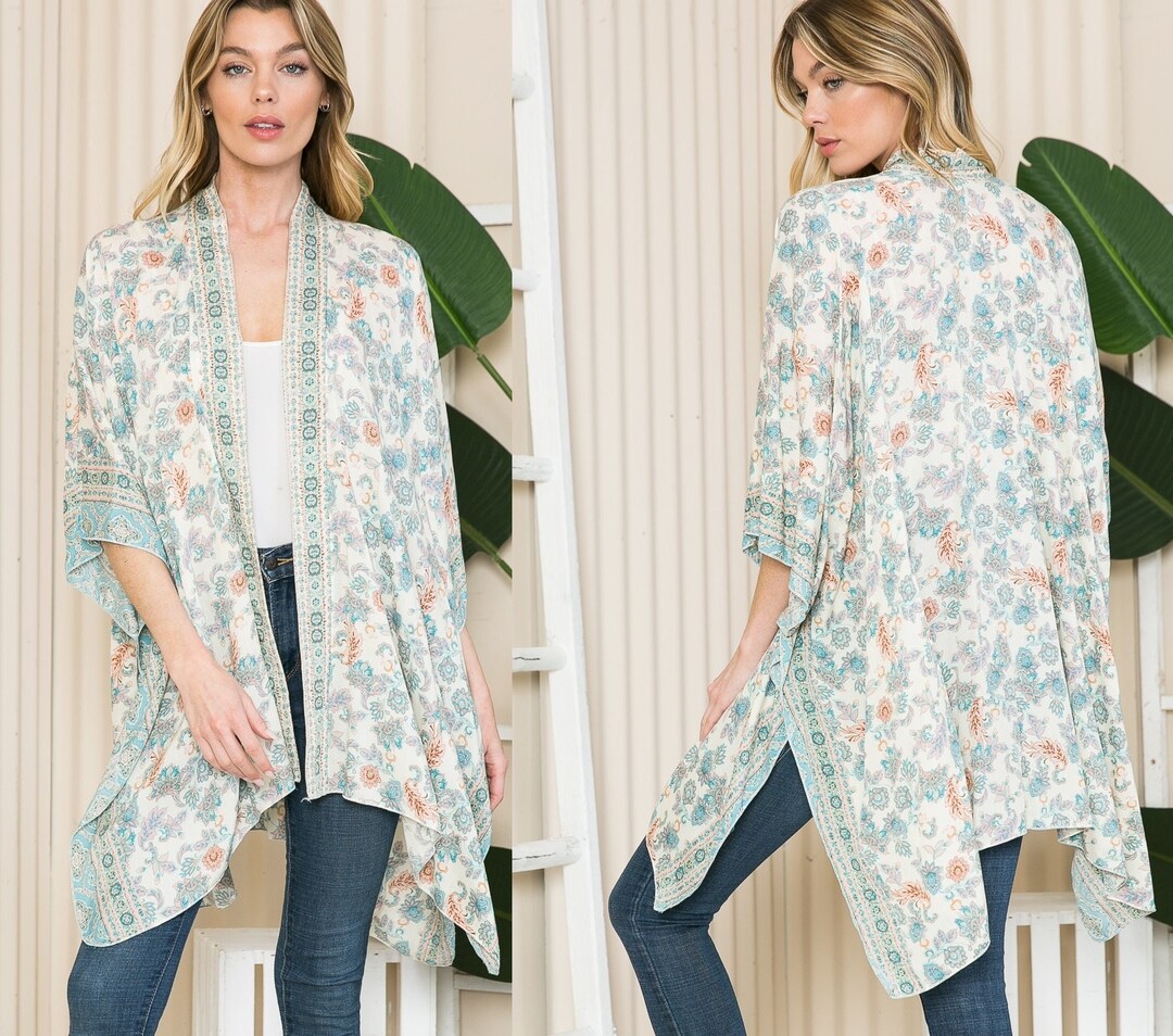 Blue Retro Floral Coverup, Cool Kimono Cardigan for Summer, Boho ...