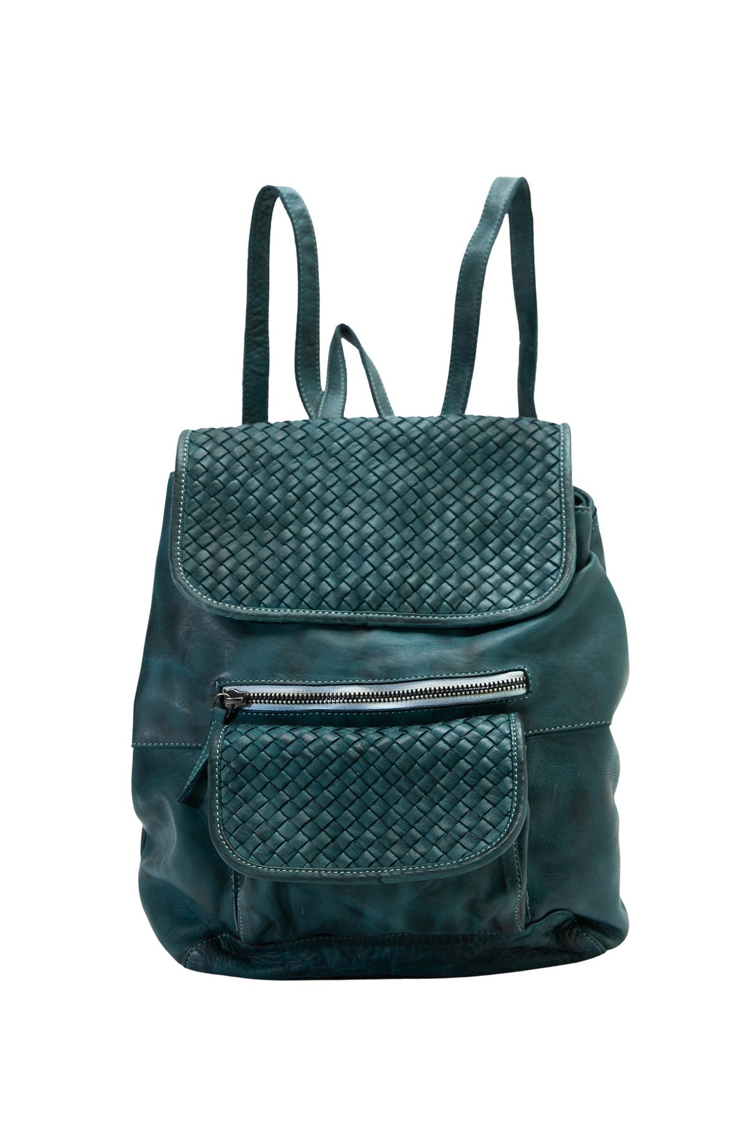 Washed Leather Backpack With Weaved Leather Detail - Etsy