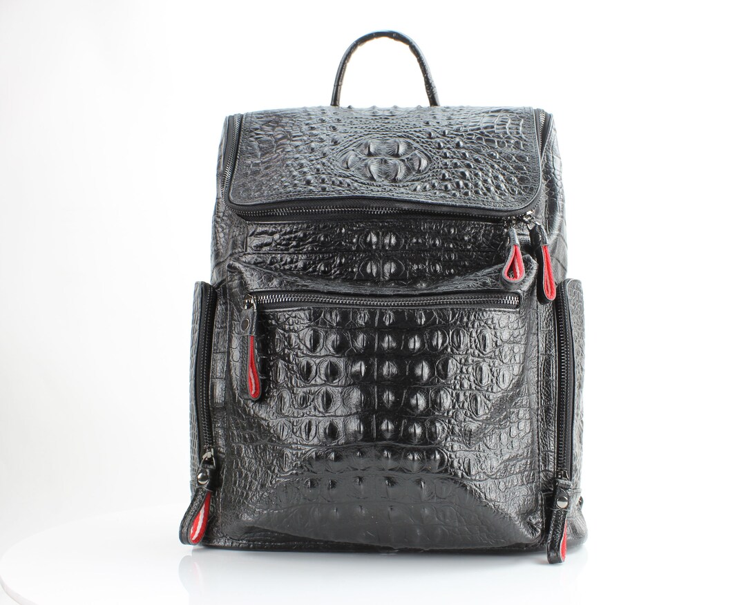Croc Embossed Leather Backpack, Sleek Leather Travel Bag With Pockets ...