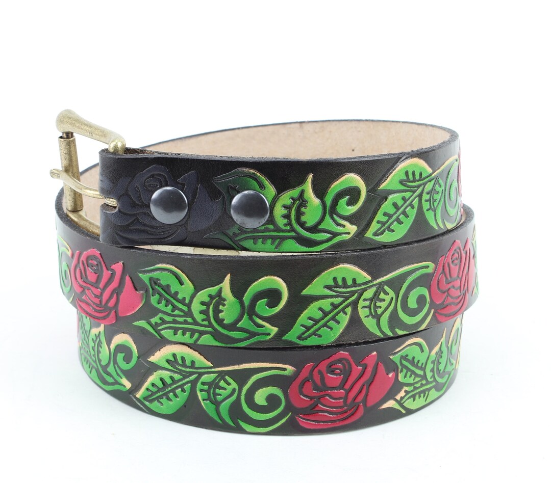 Traditional Tattoo Rose Belt, Black Leather Vintage Style Belt, Heavy ...