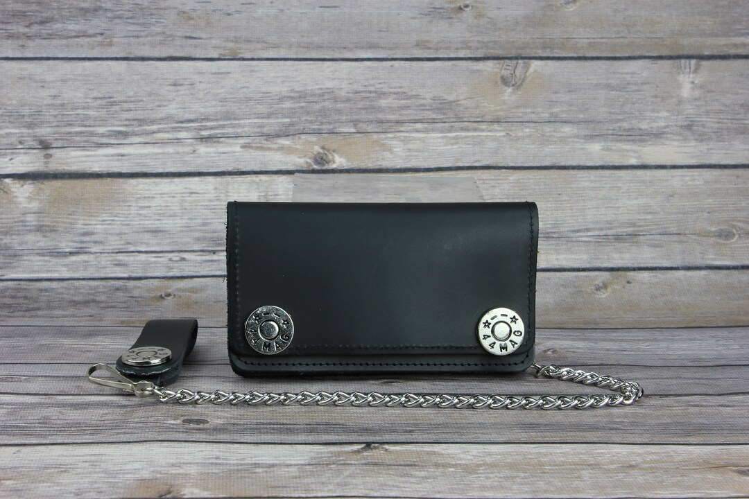 Black Leather Bifold Wallet With Chain: .44 Magnum Studded - Etsy