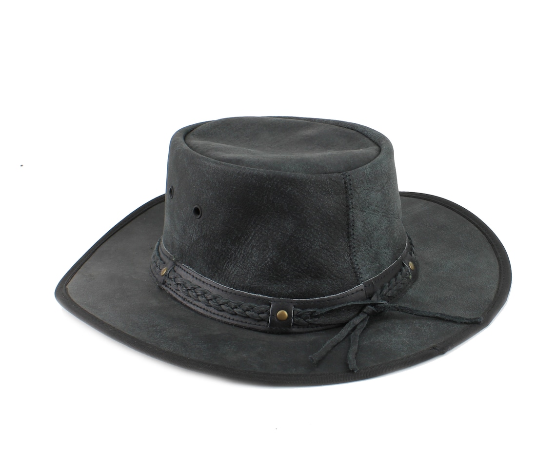 Black flat brim leather cowboy hat Leather cowboy hat with | Etsy