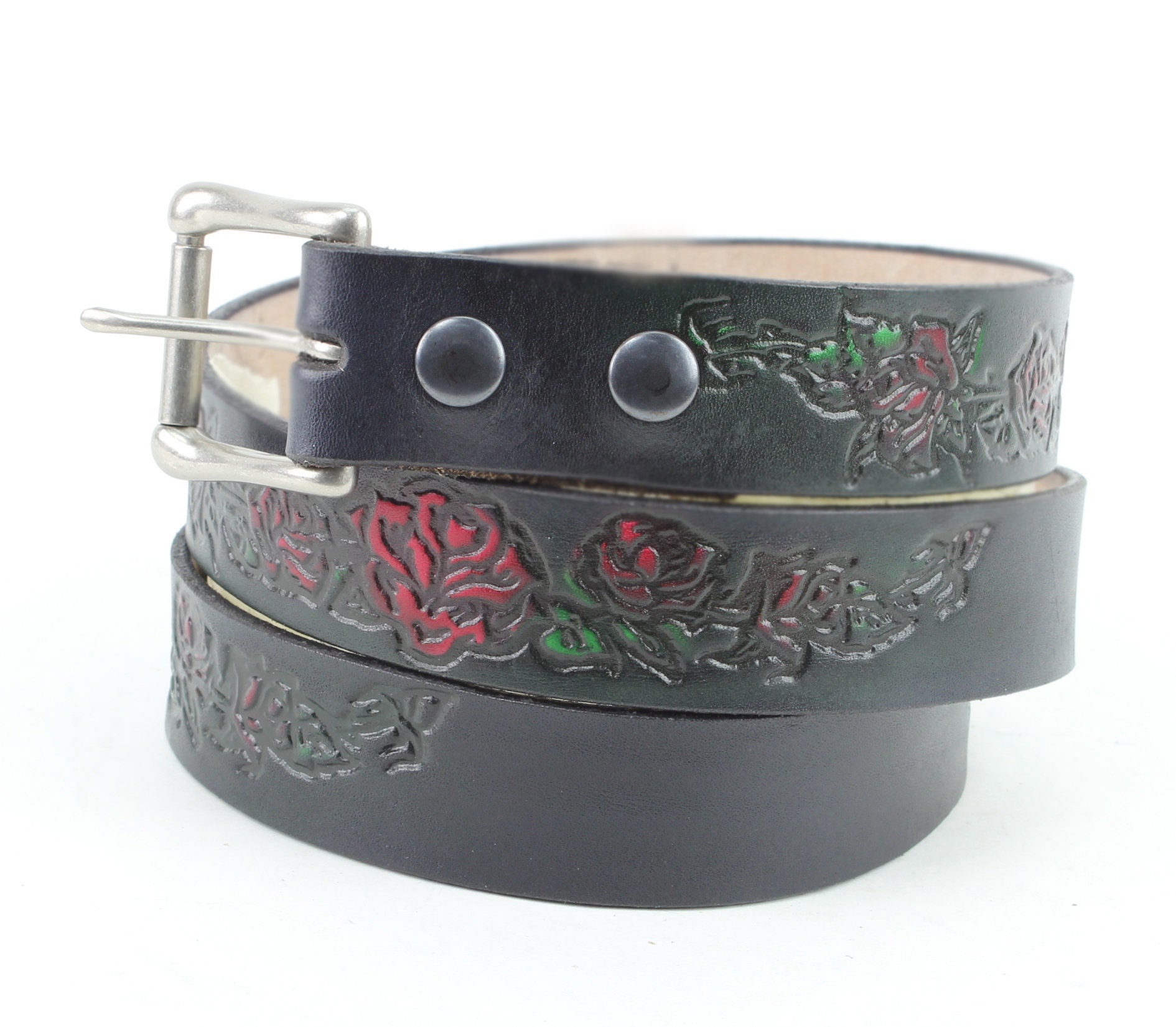 Black Hand Tooled Rose Belt Black Leather Cut to Size Belt - Etsy