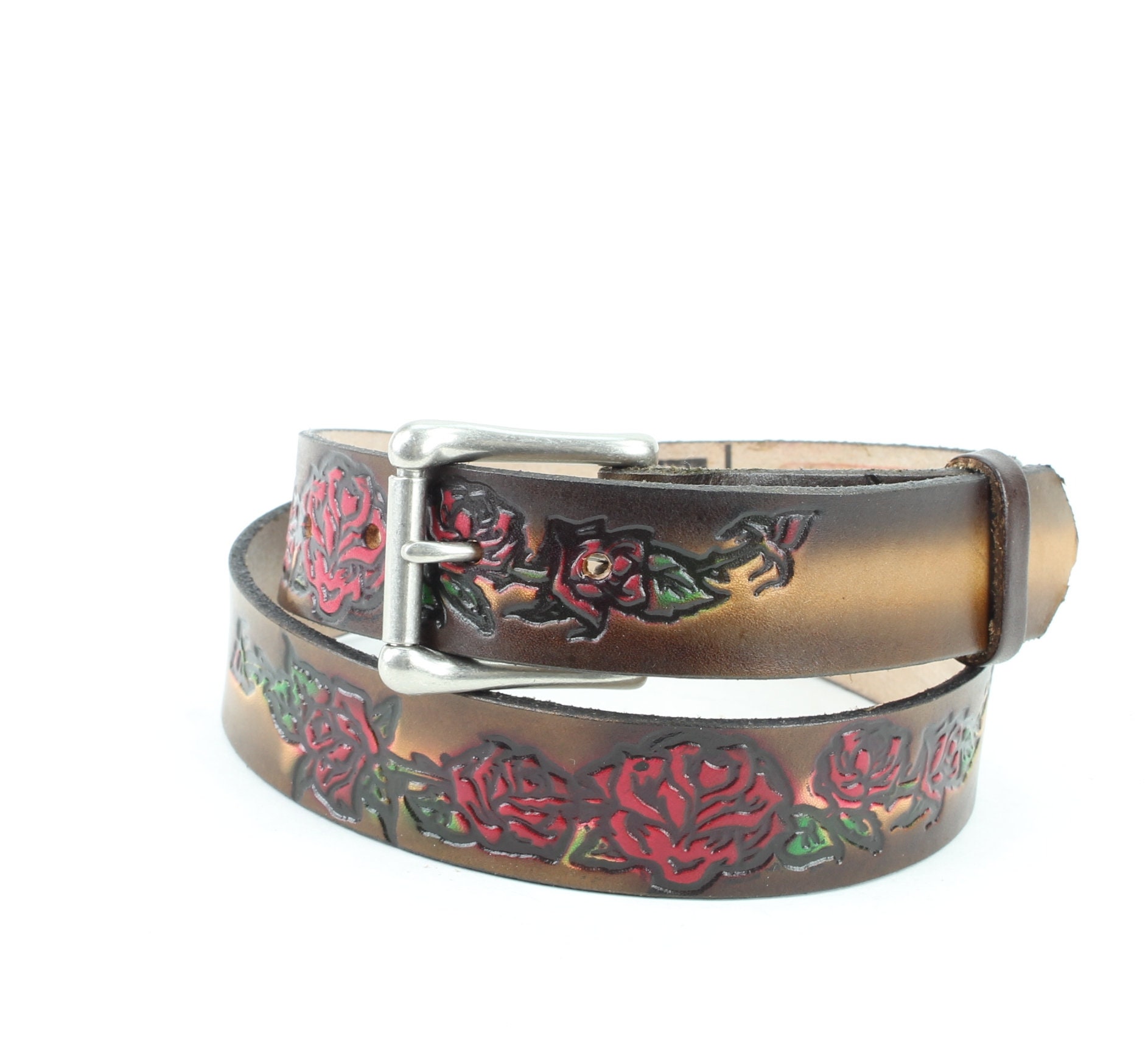 Hand Tooled Red Rose Belt Brown Leather Cut to Size Belt - Etsy