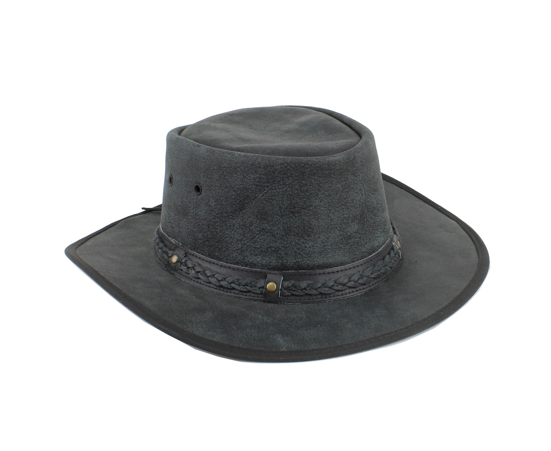 Black Flat Brim Leather Cowboy Hat, Leather Cowboy Hat With Braided Hat ...